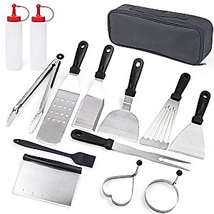 Griddle Accessories Kit, 14pc, Stainless Steel BBQ Barbecue Tools Set for Blackstone Flat Tops, Includes Spatulas, Tongs, Scraper Tools, Brush, Fork, Squeeze Bottles, Carrying Bag
