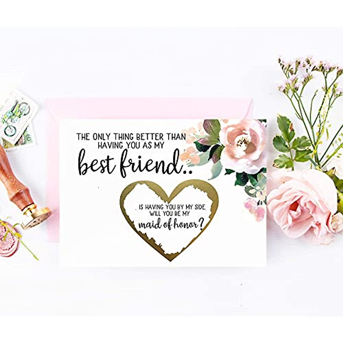 Will You Be My Maid of Honor Card, Pink Rose Dusky Flowers Scratch Off Proposal Cards for Best Friend, Bridal Party Proposal Maid of Honor Card with Matching Envelope (Best Friend Maid of Honor1)
