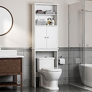 Shintenchi Over The Toilet Storage Cabinet, Bathroom Above The Toilet Rack, Bathroom Adjustable Shelf Organizer with Open Bottom Bar and Anti-Tip Device, White