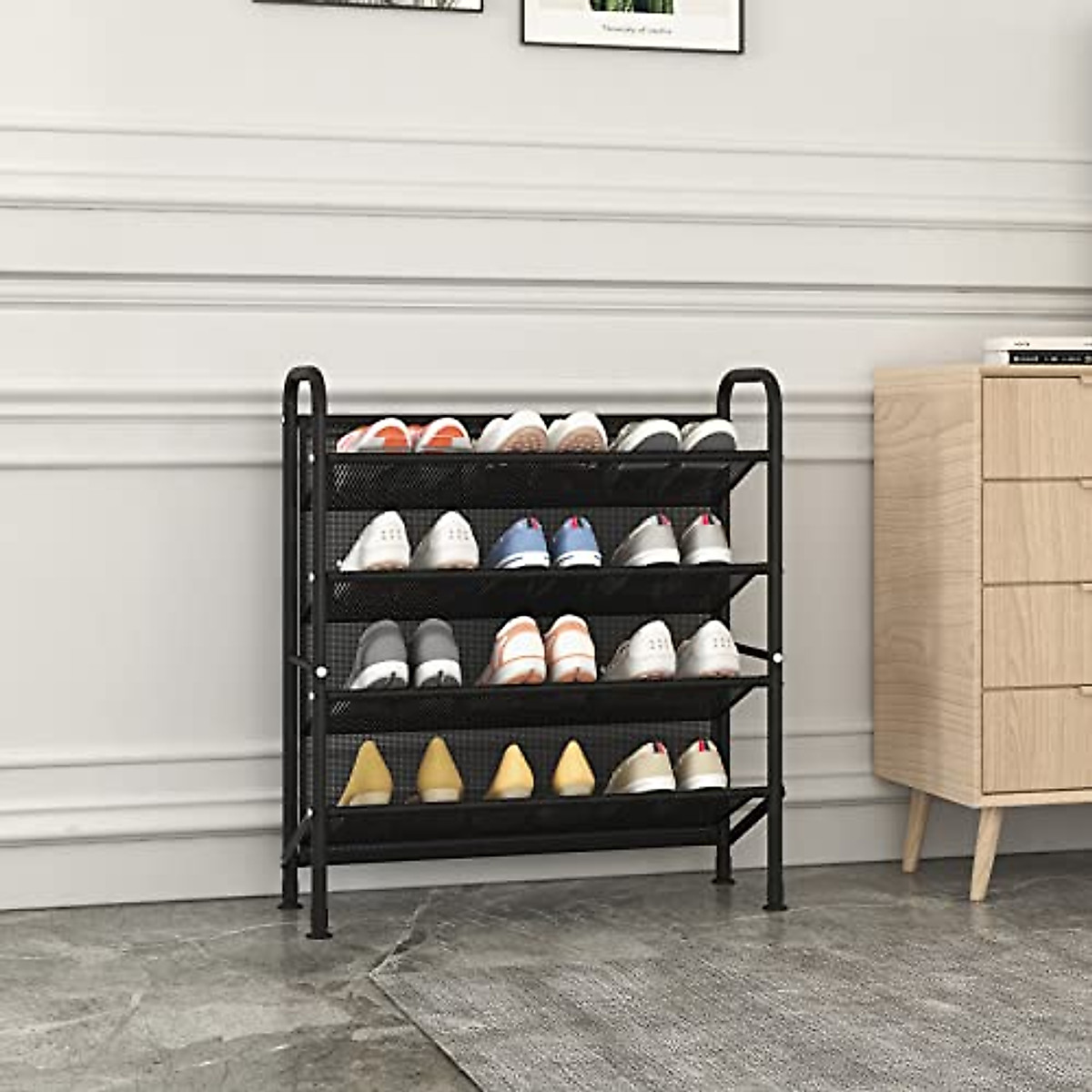 FKUO 4 Tier Shoe rack for closet Mesh fabric narrow Metal shoe racks, Space saving Small Shoe Storage Organizer Shelf for Entryway, Hallway, Dorm Room (Black, 4-Tier)