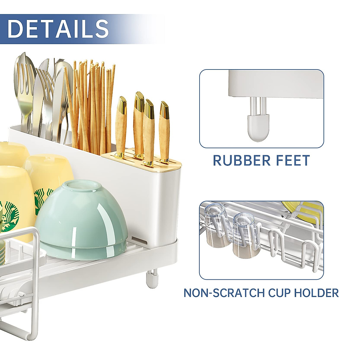 PXRACK Dish Drying Rack, Expandable(19.1"-26.9") Large Capacity Dish Rack and Drainboard Set, Stainless Steel Dish Drainers with Utensil Holder for Kitchen Counter, White