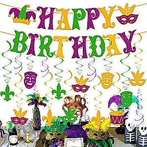 Mardi Gras Birthday Decoration Carnival Happy Birthday Banner Glitter Green Gold Purple Hanging Swirls Decor Fat Tuesday New Orleans Masquerade fleur de lis Theme Festival Party Supplies
