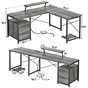 Unikito L-Shaped Desk with Power Outlet and LED Strip, L Shaped Computer Corner Desk with Reversible File Drawer and Monitor Stand, Gaming Table Writing Desk for Home Office Workstation, Black Oak