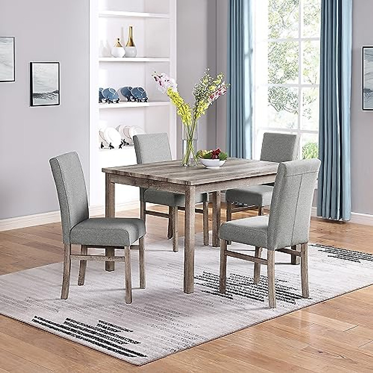 Tmosi 5 Piece Farmhouse Dining Table Set for 4, Mid-Century Modern Rectangular Table and 4 Upholstered Chairs, Kitchen Wood Table and Chairs for Small Dining Room, Home, Apartment, Gray