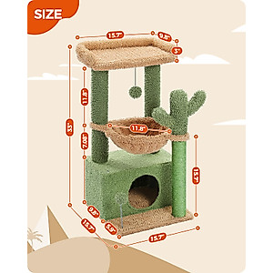PEQULTI 4-in-1 Cactus Cat Tree, 33'' Cat Tower for Indoor Cats with Large Cat Condo, Cat Scratching Post for Cats with Deep Hammock& Cozy Top Perch,Green