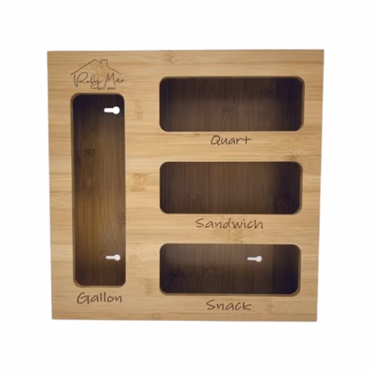 RUBY MAE BAMBOO BAG STORAGE ORGANIZER AND DISPENSER FOR SANDWICH, SNACK, QUART AND GALLON SIZE BAGS STORED IN KITCHEN DRAWER OR HANG ON WALL IN PANTRY