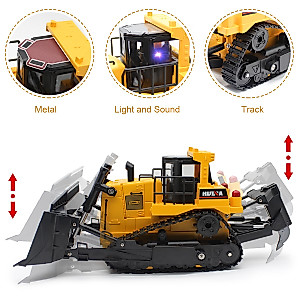 fisca Remote Control Bulldozer RC 1/16 Full Functional Construction Vehicle, 2.4Ghz 11 Channel Dozer Front Loader Toy with Light and Sound for Kids Age 6, 7, 8, 9, 10 and Up Years Old