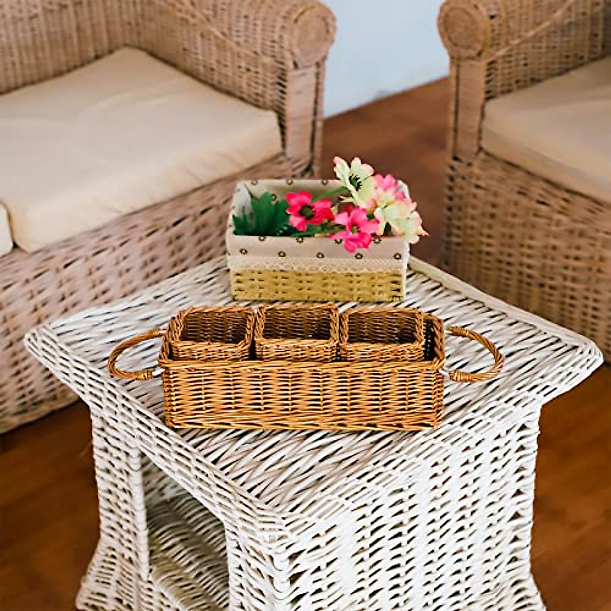 GYASVWU 3 Compartment Wicker Kitchen Flatware Storage Basket Utensil Holder with 3 Removable Storage Cups and Flexible Handles Handmde Baskets for Spoons, Knives, Forks (Wicker)