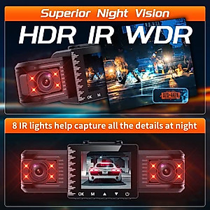 iiwey T1-pro Dash Cam Front and Rear Inside 3 Channel 1080P, Adjustable Lens Dash Camera for Cars with 8 IR Lamps Night Vision, Three Ways Triple Car Camera, Loop Recording, G-Sensor, Parking Monitor