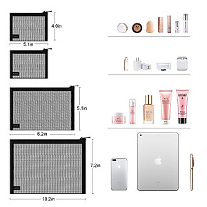 EASYFUN Mesh Pouch, Make up Bag with Zipper Cosmetic Organizer Pouch for Daily or Travel to Keep Small Items, 4 PCS Black