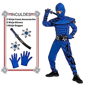 Spooktacular Creations Ninja Costume for Boys, Blue Ninja Kungfu costume for Kids Halloween Dress Up Party, Role Playing, L