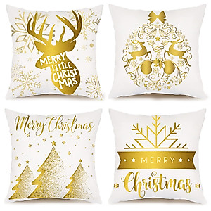 4 Pack Christmas Decorations Gold White Pillow Covers 18x18 Inch Soft Velvet Christmas Throw Pillow Covers with Christmas Tree Reindeer Snowflakes Gold Pillowcase for Christmas Winter Decorations