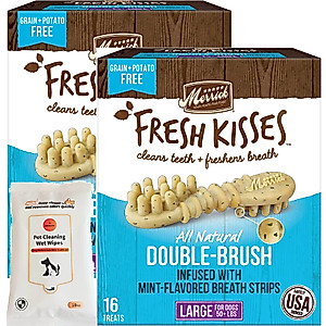 Aurora Pet Bundle Pack (2) Merrick Fresh Kisses Double-Brush Mint Breath Strip Infused Large Dental Dog Treats with AuroraPet Wipes