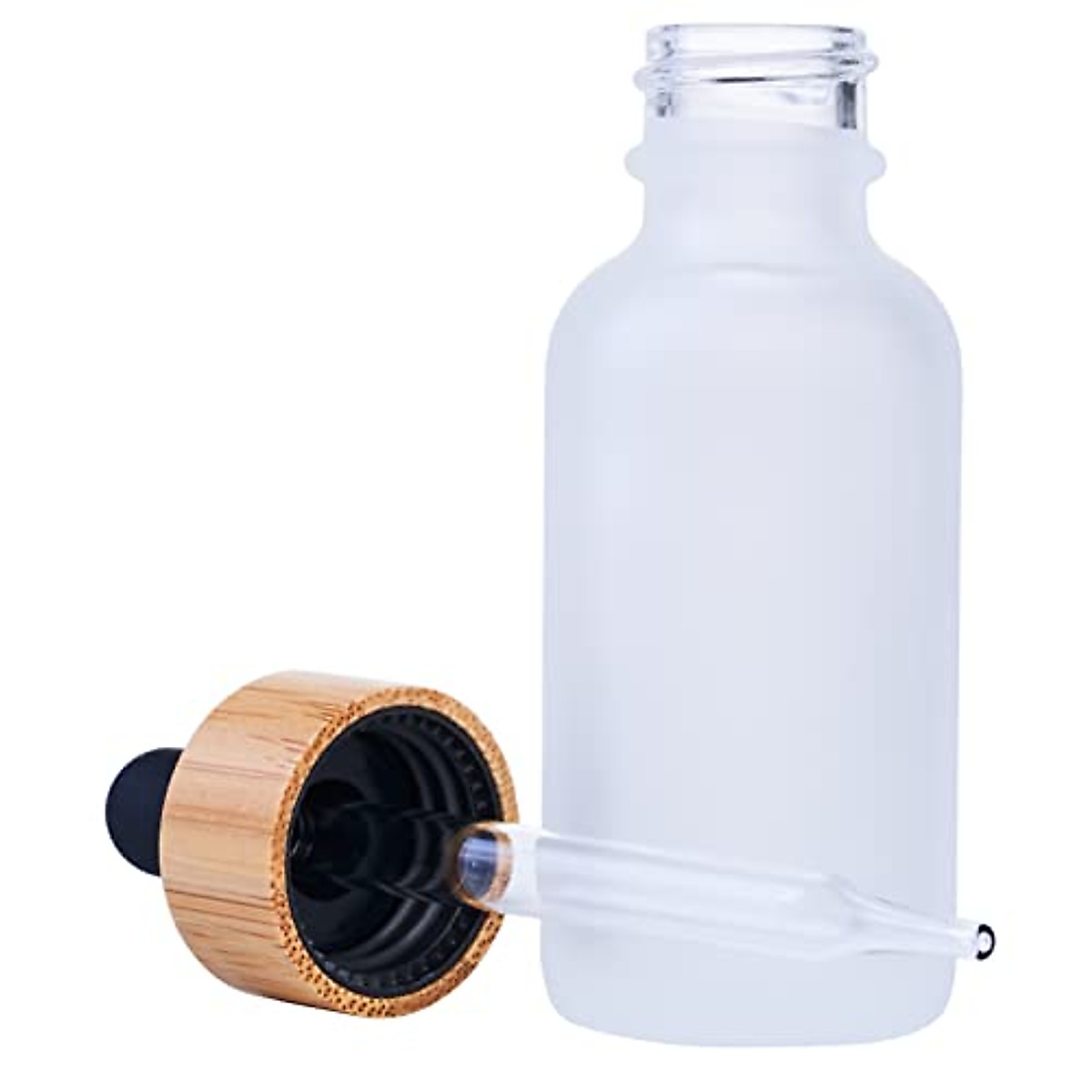 Focus Nutrition 12 Pack Clear Frosted Boston Round Essential Oils Aromatherapy Glass Bottles Jar With Black Bamboo Eye dropper cap, 1oz