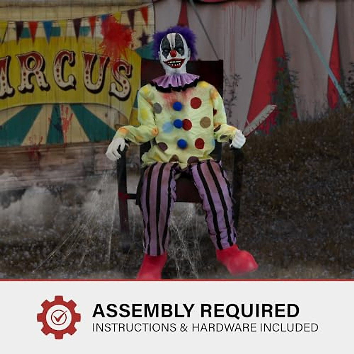 Haunted Hill Farm Motion-Activated Thrashing Clown with a Meat Cleaver by Tekky, Sitting Scare Prop Animatronic for Indoor or Covered Outdoor Creepy Halloween Decoration, Plug-in or Battery Operated