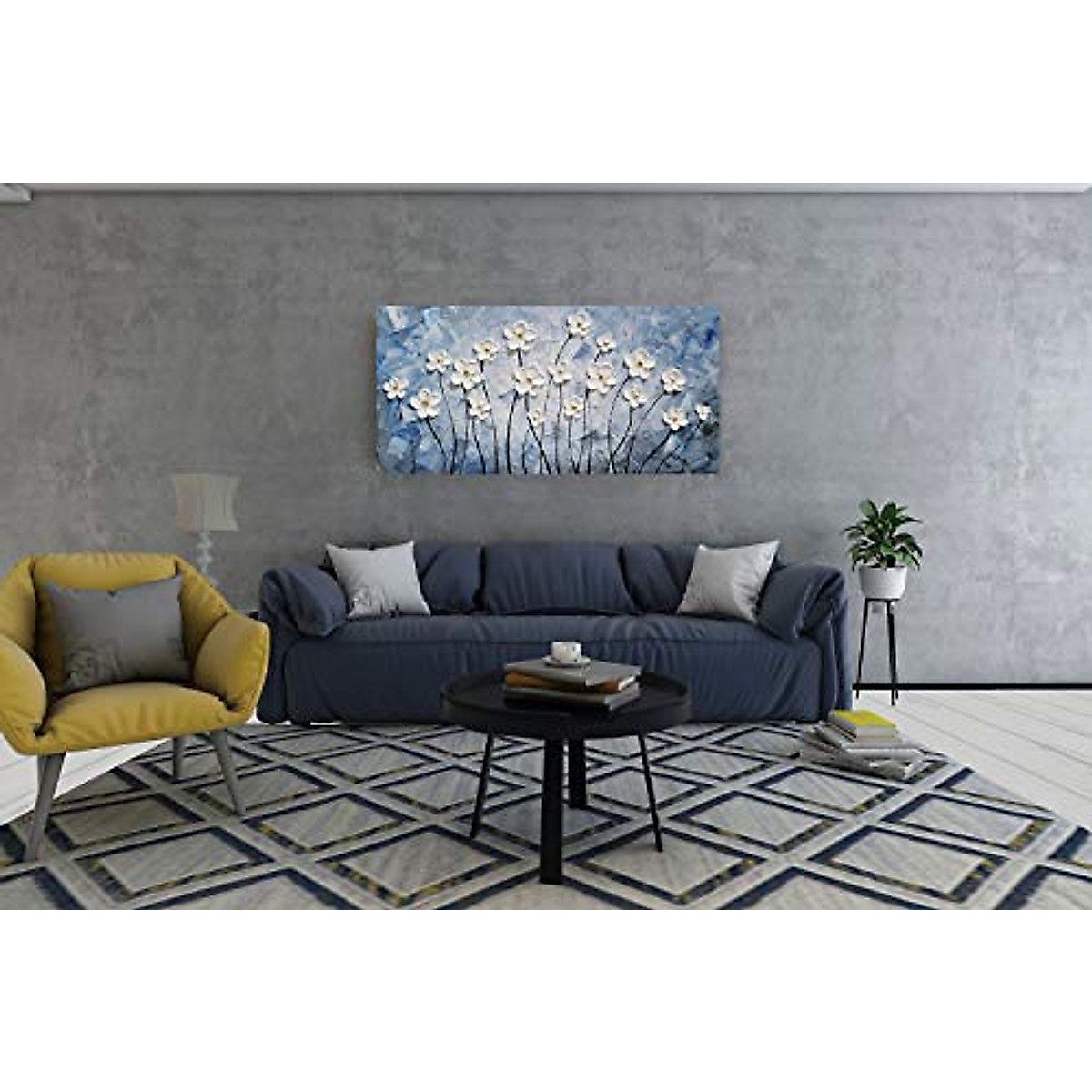 YHSKY ARTS Floral Canvas Wall Art Hand Painted Blue and White Heavy Textured Painting Modern Abstract Flower Pictures Contemporary Artwork for Living Room Bedroom Office Decoration