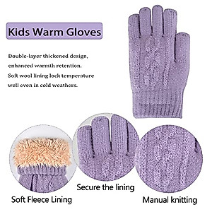 Kids Winter Hat Gloves Scarf Set Knit Beanie for Girls Boys Neck Warmer Thick Fleece Lining Thermal with Cute Pom Pom Purple Warm Cap for 6-10 Years Old Toddler, Gift for Children
