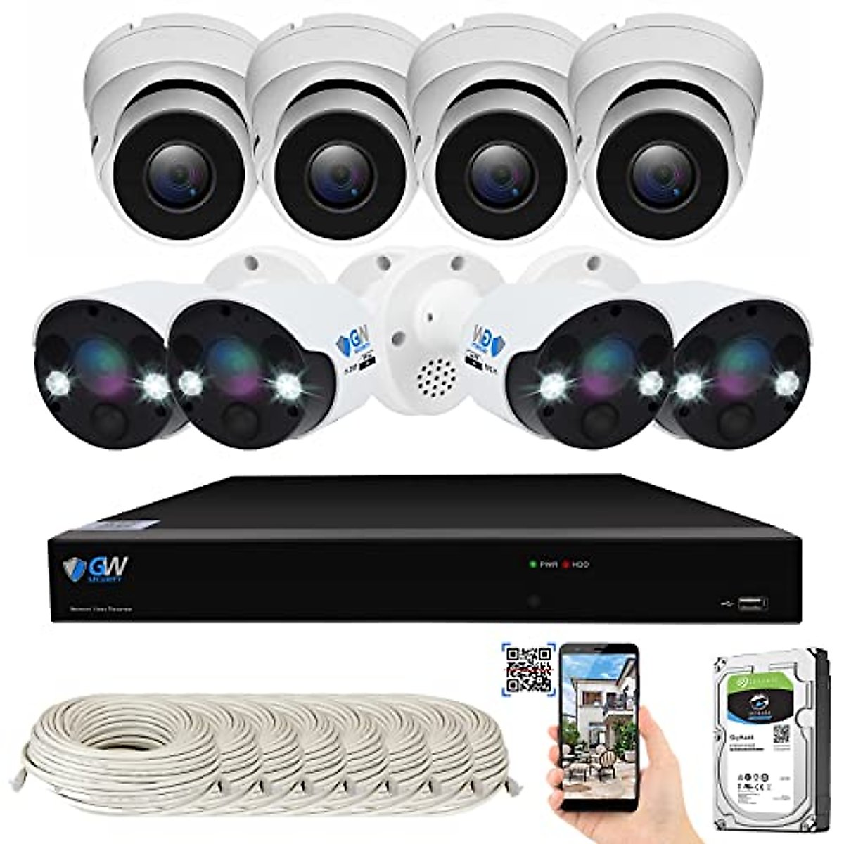 GW 8 Channel 4K NVR 8MP 4K AI Smart Home Security Camera System, (4) Dome and (4) Bullet Built-in Microphone Audio Recording HD 2160P 4K IP PoE Cameras, Face Recognition/Human/Vehicle Detection