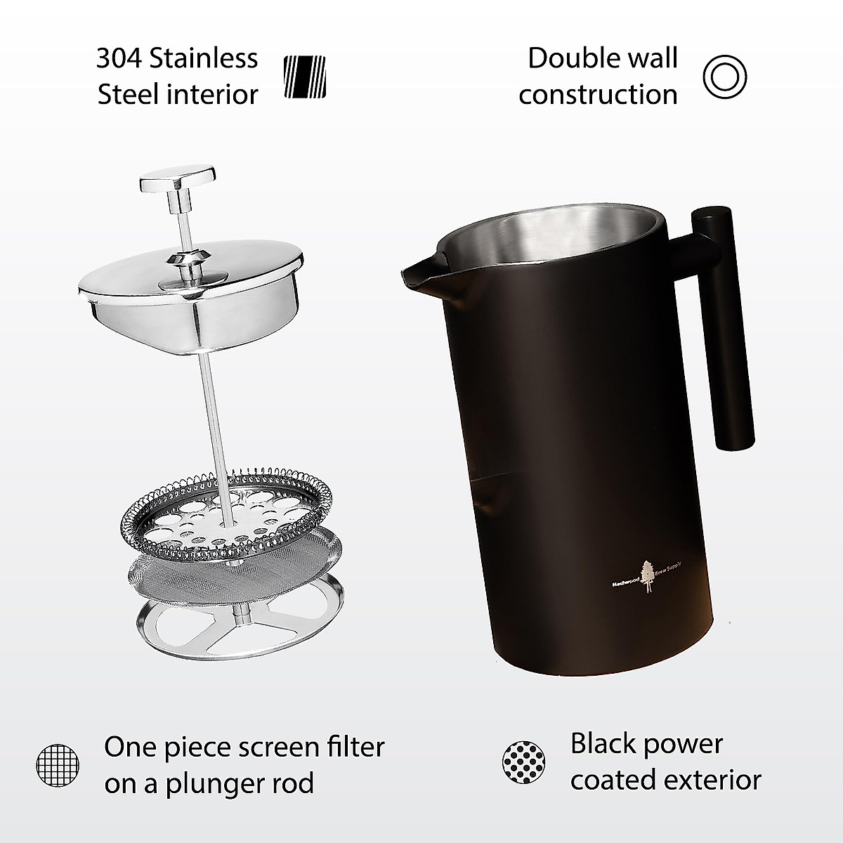 Redwood - Large French Press, 8 Cup Coffee Maker, Double Wall Construction, 3-Layer Stainless Steel Filter, Optimal Thermal Retention (Black) (34 oz)