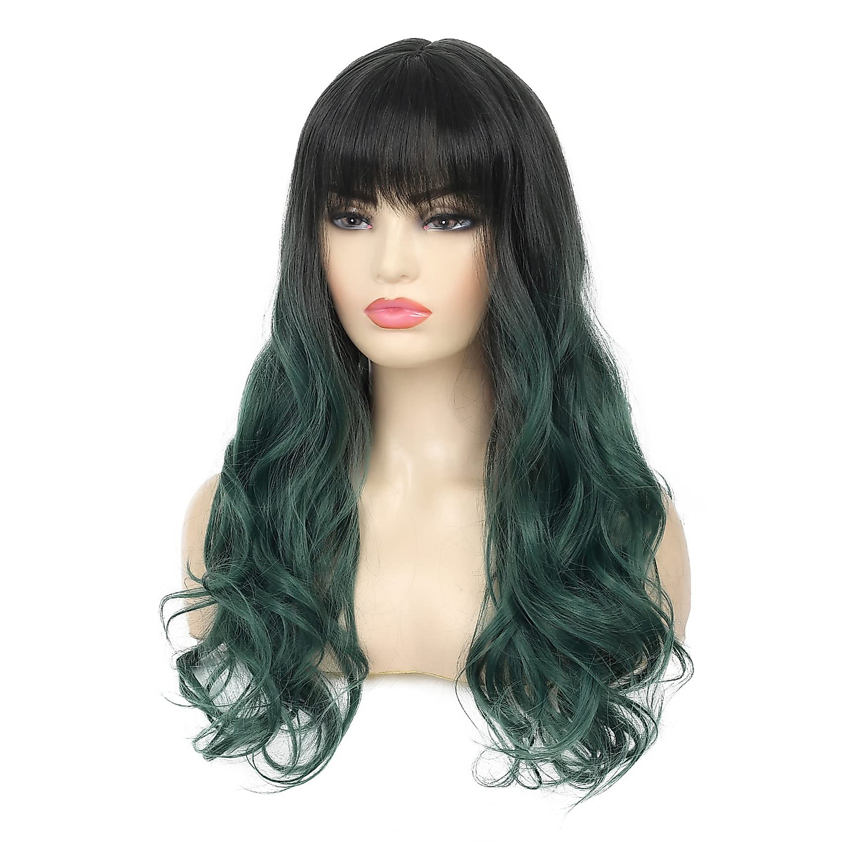 Dai Cloud Black Green Wigs With Bangs for Women Long Wavy Curly Hair Wigs Dark Roots Wigs for Women Cosplay Party Daily Use