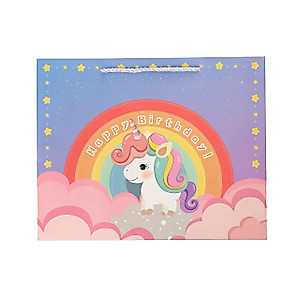 jabberwpacking 9.6" Medium Gift Bags with Tissue Paper for Girls Birthday Blue Pink Unicorn Happy Birthday Gift Bag