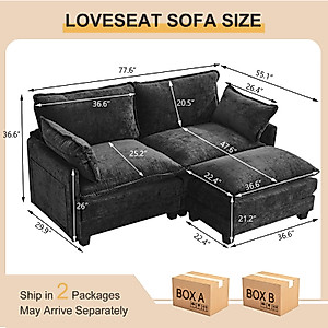 SENIFIS 77.6" Loveseat Sofa, Chenille Sectional Comfy Cloud Sofa Chouch with Movable Ottoman & Pillow, Modern 2-Seater Small Sofa Sleeper Deap Couches for Living Room (Black, Loveseat)