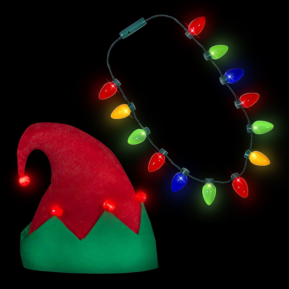 Windy City Novelties Ugly Sweater Christmas Party Kit - Holiday LED Elf Hat + LED Christmas Bulb Necklace Combo for Christmas Parties, Caroling, Gatherings & Party Favors