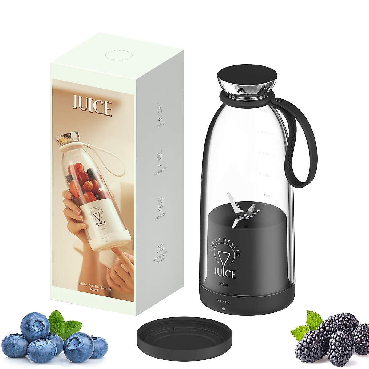 Asa Vea Mini Blender for Smoothies and Milkshakes, Portable Blender, Rechargeable, Personal Size Blender with Quota Outer Travel Lid with 6 Blades, 17 oz for Outdoors, Camping (Black-550ml)