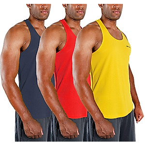 DEVOPS 3 Pack Men's Y-Back Dry Fit Muscle Gym Workout Tank Top (Large, Charcoal/Red/Yellow)