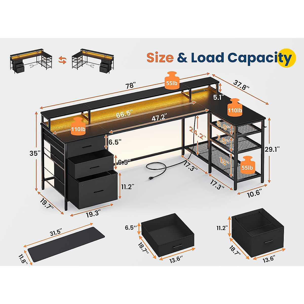UPOSOJA L Shaped Gaming Desk with 3 Drawers, 78" Reversible Computer Desk with Power Outlet & LED Strip, Home Office Desk with Storage Shelves, Monitor Shelf, Mouse Pad Black