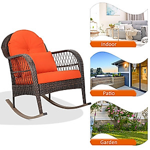 Tangkula Outdoor Wicker Rocking Chair, All- Weather Rattan Armchair w/Heavy-Duty Steel Frame, Patio Glider Rocker Chair w/Thick Cushions & Lumbar Pillow for Poolside, Garden, Porch, Backyard