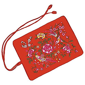 Lidwot 1 Piece Red Embroidery Flower and Bird Silk Brocade Jewelry Roll Bag,Travel Jewelry Organizer Bag with Ribbons Tie Close