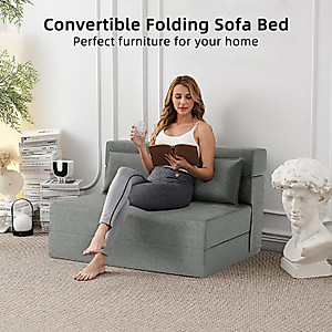 FILUXE Convertible Folding Sofa Bed-Sleeper Chair with Pillow, Modern Linen Fabric Floor & Futon Couch, Foldable Mattress for Living Room/Dorm/Guest Use/Home Office/Apartment, Full Size, Light Gray