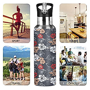 Kigai Floral Pattern Stainless Steel Sports Water Bottle BPA-Free Vacuum Insulated Leakproof Wide Mouth Flask with Straw Lid Keeps Liquids Cold or Hot for Gym Travel Camping