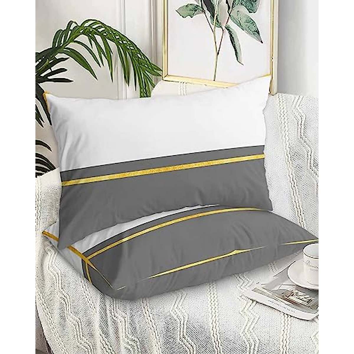 Edwiinsa Grey White Pillow Covers Standard Size Set of 2 20x26 Bed Pillow, Luxury Yellow Lace Modern Abstract Art Aesthetics Plush Soft Comfort for Hair/Skin Cooling Pillowcases with Envelop Closure