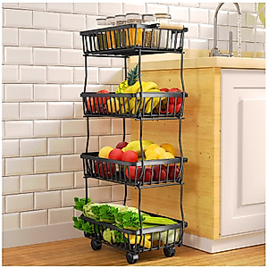 Fruit Vegetable Basket, 4 Tier Fruit Vegetable Storage Cart, Vegetable Basket Bins Rack for Onions and Potatoes, Rolling Utility Cart for Kitchen Pantry Bedroom Living Room, with Handle