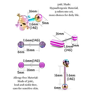 Leiainely Tongue Rings Piercing Jewelry for Women Men Work 14g 14 Gauge Cute Green Rainbow Surgical Stainless Steel Metal Clear Plastic Acrylic Rubber para La Lengua Aretes Tounge Barbell Balls Set