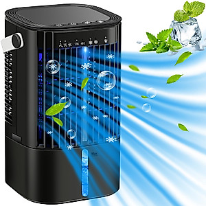 Portable Air Conditioners Fan- Portable AC Small Personal Air Cooler,Quiet Mini Mobile Cooling Fan with Handle,2/4H Timer 3 Speeds,Desk Air Cooler with 7 Color for Home Office Car Work Outdoor (Black)