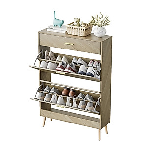 Anmytek Shoe Storage Cabinet with 2 Flip Drawers & 1 Drawer, Natural Oak Slim Shoe Cabinet with Wooden Legs, Freestanding Hidden Narrow Shoes Organizer Cabinet for Entryway, Hallway