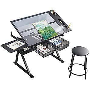 LifeSky Adjustable Glass Drafting Table - Height Adjustable Temped Glass Artists Drawing Table with Storage - Art Craft Desk Workstation for Adults