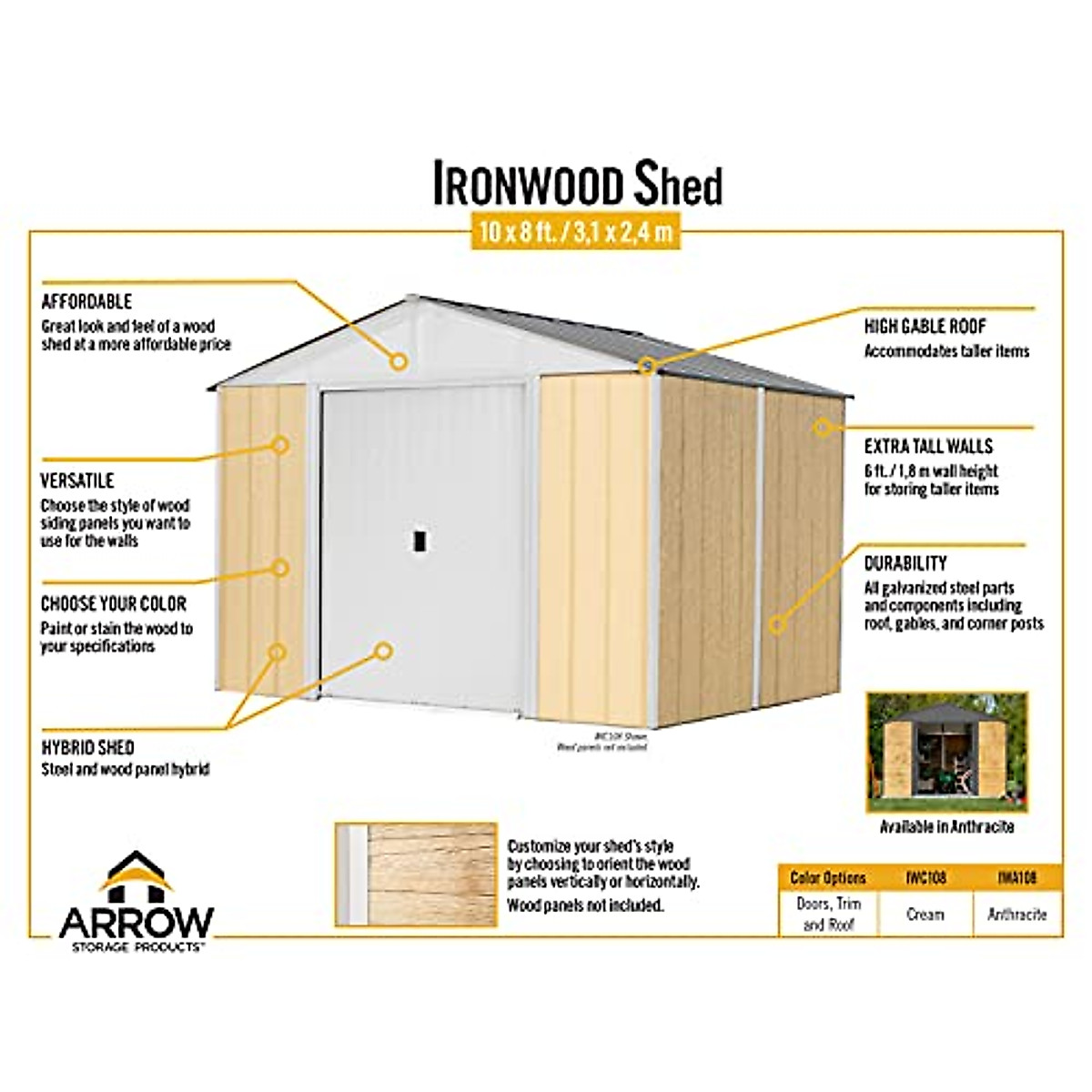 Arrow 10' x 8' Ironwood Galvanized Steel Hybrid Outdoor Shed Kit, Anthracite