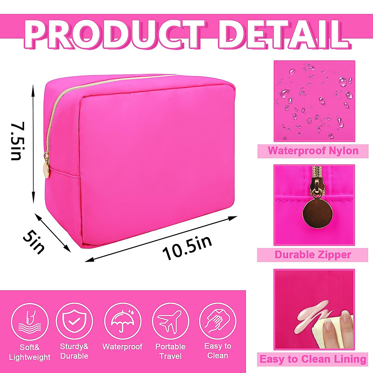 UIXIZQ Waterproof Large Makeup Bag Pouch,Nylon Women Travel Toiletry Storage Bag Preppy Cosmetic Bag for Girls,Big Makeup Organizer Bag Cute Zipper Pouch Bag for Sport Work Gift(Large-Hot Pink)