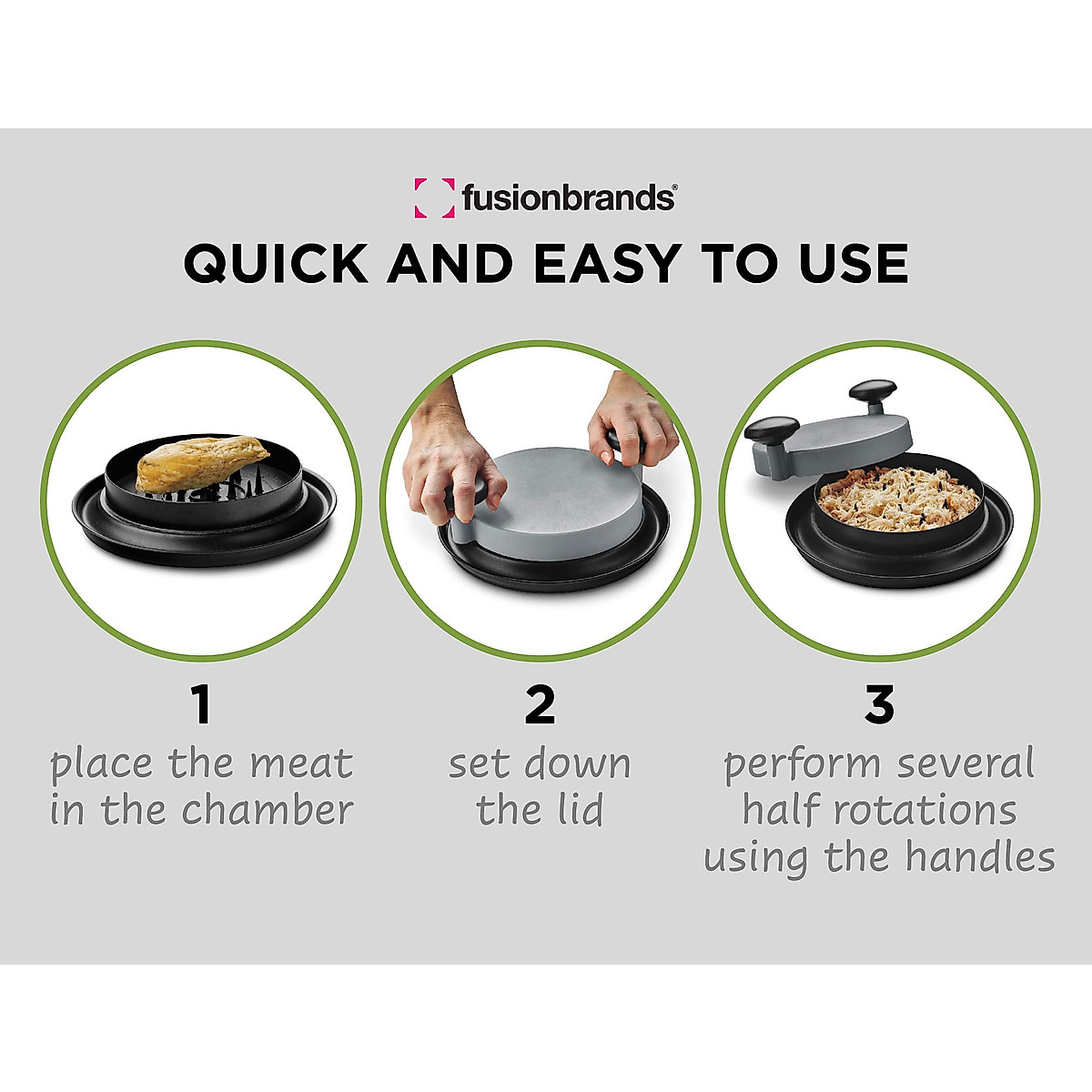 FusionBrands ShredMachine-The Quick, Easy to Use Alternative to Bear Claws Meat Shredder for Pulled Pork, Beef and Chicken and More-BPA Free Hand Shredder with Easy to Grip Handles, Non-Skid Base,Grey