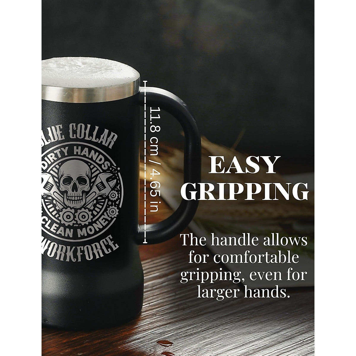 Onebttl Blue Collar Gifts for Men, Boyfriend, Stainless Steel Beer Stein Tumbler, 24oz Beer Mug with Lid for Mechanic, Welder, Construction Worker