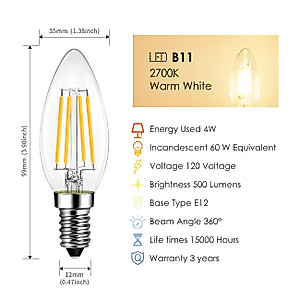 LVWIT B11 LED Edison Filament Bulb Non-Dimmable 5.5W(60 Watt Equivalent), E12 Candelabra Base 2700K Warm White Candle Light Bulb, UL-Listed (6 Pack)