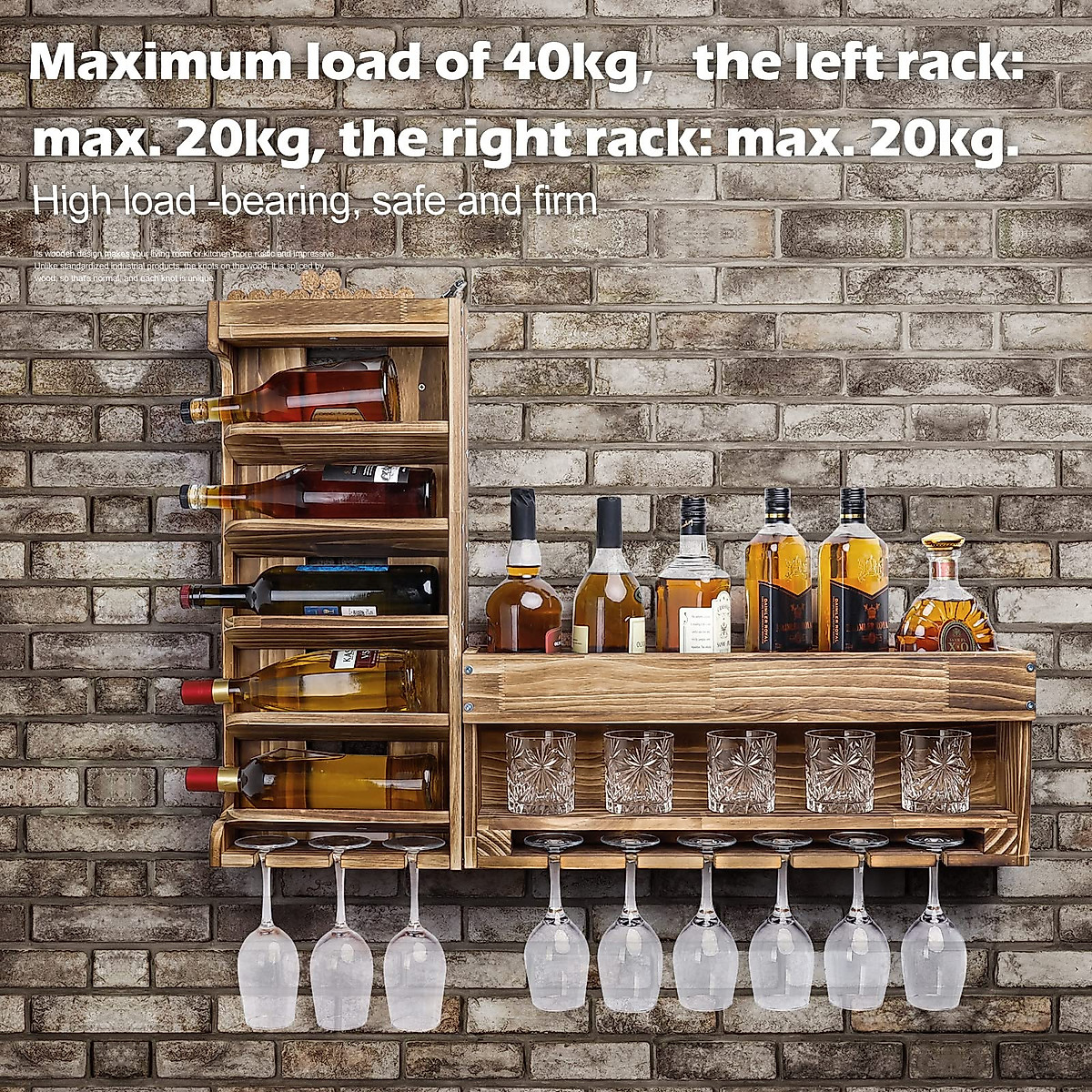 Homde Wine Rack Wall Mounted Wood,Wine Shelf with Bottle Stemware Glass Holder Rustic, Wine Display Storage Rack with Cork Holder for Home Bar Kitchen Decor