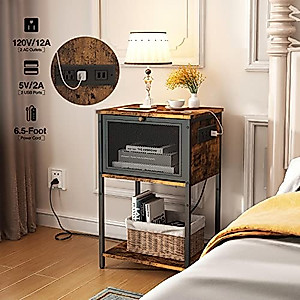 NONGSHIM Nightstand with Charging Station and USB Ports, Night Stand with Flip Drawer and Open Storage Shelf,Bedside Table for Small Spaces,Side End Table for Bedroom,Living Room-Rustic Brown