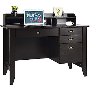 Catrimown Computer Desk with Drawers and Hutch, Farmhouse Wood Home Office Desk Kids Writing Study School Student Desk PC Laptop Desk Bedroom for Small Spaces, Espresso Brown