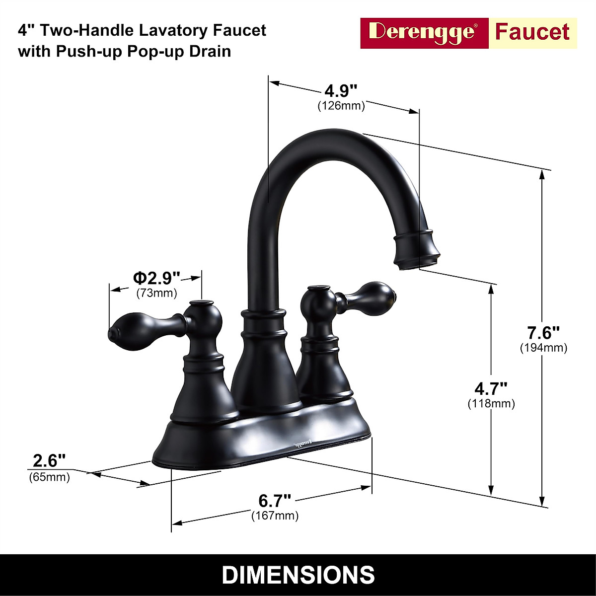 Derengge Two Handle Bathroom Sink Faucet Matte Black 3 Hole Bathroom Faucet with Overflow Pop up Drain, 360° Swivel Spout Sink Faucet 4 Inch Centerset Lavatory Faucet,F-4501-MT