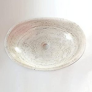 EDUPET Tan Travertine Chiseled Stone Bathroom Vessel Sink - Oval Canoe Shape - 100% Natural Marble, Hand Carved - Free Matching Soap Tray